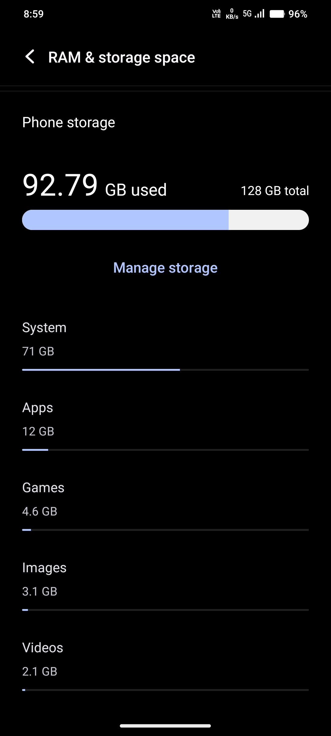 I have a problem with system storage device showing 71gb use