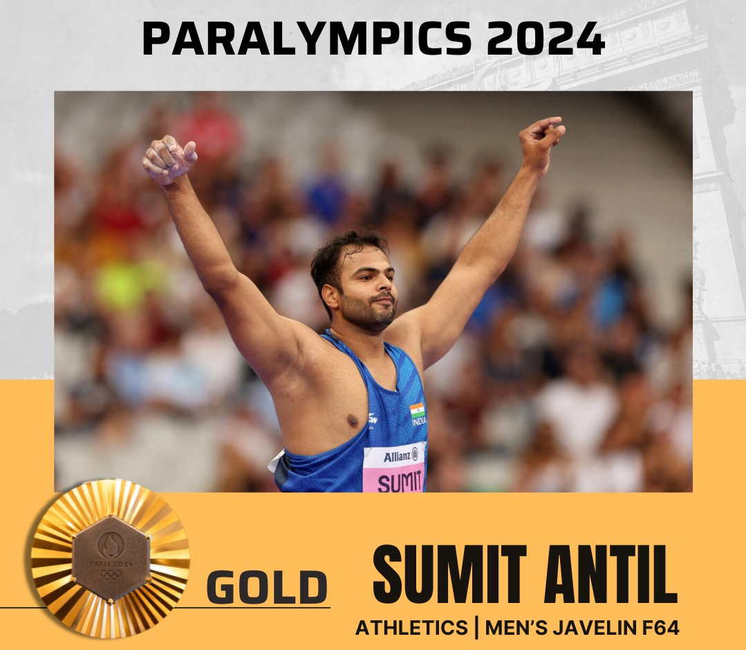 ⏩ Paralympics 2024: Sumit Antil wins GOLD MEDAL🏅 in javelin throw F64👍