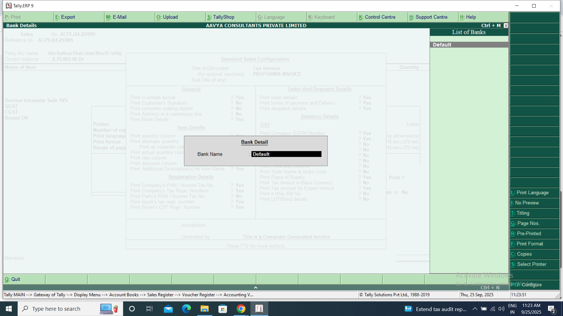 🧵 Title: How to Print Bank Details in Sales Invoice in Tally ERP 9