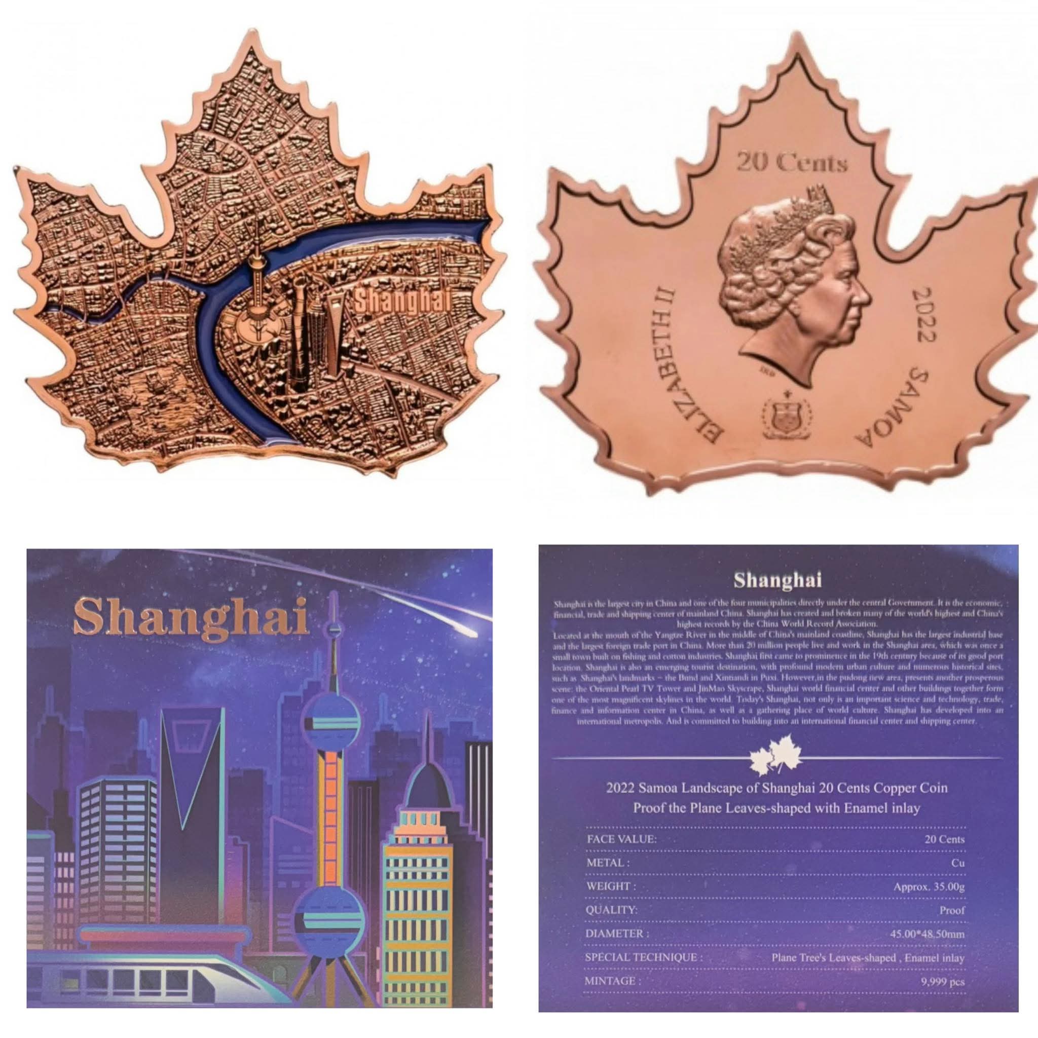 Shanghai 2022 Samoa 20Cents: Plane Leaf Shaped Copper Proof with Enamel ...